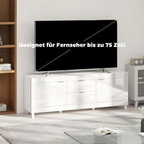HOMCOM nízký TV stolek pro TV až do 75" – 180 × 40 × 66 cm, bílý vysoký lesk, 2 dvířka s tlumeným dovřením, kabelové vedení a 2 zásuvky