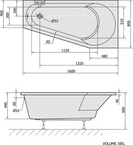 Polysan, PROJEKTA R asymetrická vana 160x80x44cm, bílá, 21111