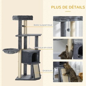 PawHut Multifunkční Aktivní Centr Cat Tree se Škrabacími Sloupky, Škrabací Podložkou, Visící Hračkou a Skrýší - Šedá | Aosom