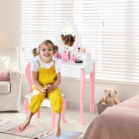 Costway Dětský toaletní stolek se stoličkou Princess se 3 zásuvkami a zrcadlem
