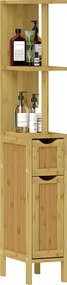 HOMCOM Koupelnová skříňka, Koupelnový úložný kabinet, se 2 otevřenými policemi, 2 skříňkami s magnetickými dveřmi, bambusová, přírodní dřevo