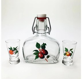 Výrobce po 1 ks | Sada 1x skleněná láhev a 2x sklenice na panáky čirá s motivem ovoce | KK03801B