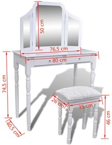 vidaXL Marketos Toaletní stolek se zrcadlem 3 v 1, stoličkou a 2 šuplíky bílý