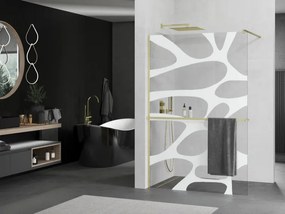 Mexen Kioto+, sprchová zástěna Walk-In s poličkou a věšákem 120 x 200 cm, 8mm čiré sklo bílý vzor, ​​zlatý matný profil, 800-120-121-55-97
