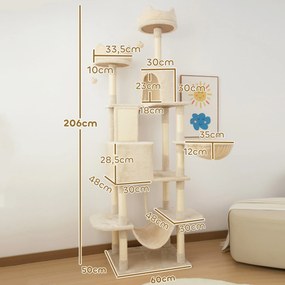 PawHut Velký Škrabací Strom pro Kočky Výška 206 cm S Platinami, Jeskyněmi, Visícími Míčky a Houpacími Sítí Bežová