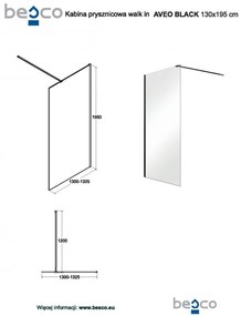 BESCO Walk-in sprchový kout AVEO BLACK BARVA rámu - Černá, Pevná stěna - Bez pevné stěny, Rozměr A - 130 cm, Rozměr C - 195 cm, Výplň - Čiré bezpečnostní sklo - 8 mm BCAVEO130BL