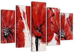 Obraz na plátně pětidílný Červené akrylové květiny - 150x100 cm