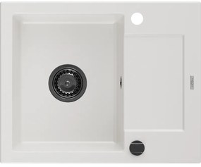 Mexen Enzo, granitový dřez 576x465x174 mm, 1-komorový, bílá s černým sifonem, 6506571005-20-B