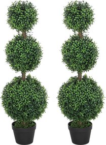 HOMCOM Sada 2 umělých stromů 101,6 cm, 3 kouličkové buxus topiary rostliny, umělá rostlina zelená PE s vnitřním a venkovním květináčem