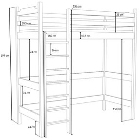 Dětská vyvýšená postel z masivu borovice TEXAS - 200x90 cm - PŘÍRODNÍ BOROVICE