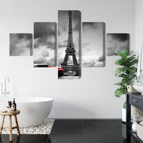 Vícedílný obraz Černobílý Pohled Na Eiffelovu Věž A Retro Auto Nedostatek Nedostatek Přírodní plátno 250x150