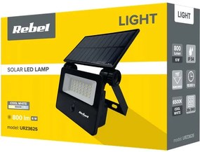 Solární reflektor REBEL URZ3625, 800lm, IP54, 6500K, 3,7 V, 1500 mAh, 6W, černá