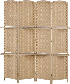 HOMCOM 4-panelový rozdělující paraván 160x170 cm se 2 policemi, soukromý paraván skládací příčka do kanceláře a ložnice přírodní | Aosom