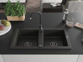 Mexen Mario, granitový dřez 820x436x161 mm, 2-komorový, černá-zlatá metalíza s černým sifonem, 6504822000-75-B