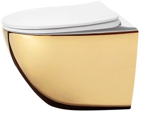 Rea Carlo Mini Tornado NF, závěsná WC mísa 490x365x350mm + toaletní sedátko, bílá-zlatá lesklá, REA-C6808