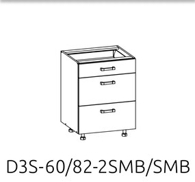 Spodní skřínka se 3 zásuvkami kuchyně Sole D3S-60/82-2SMB/SMB Barva korpusu skříněk: Šedá grenola, Barva dvířek: Magnolia Lesk