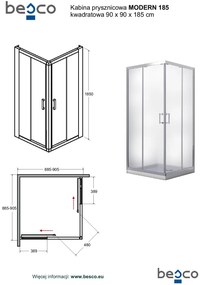 BESCO Čtvercový sprchový kout MODERN 185 BARVA rámu - Chrom/Leštěný hliník (ALU), Rozměr A - 90 cm, Rozměr B - 90 cm, Rozměr C - 185 cm, Směr zavírání - Univerzální Levé / Pravé, Výplň - Čiré bezpečnostní sklo - 6 mm - BCMOD90CC