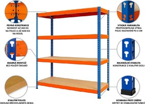 Regál 168x160x60 cm profesionální 4-policový, nosnost 160 kg - modro-oranžový