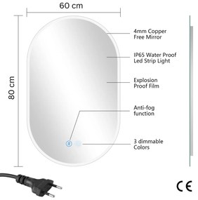 Erga Demi, oválné LED zrcadlo 60x80cm, 3 barvy světla, přední osvětlení, topná podložka proti zapaření, ERG-V01-DEMI-6080-CL