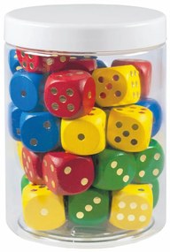 Hrací kostky barevné dřevo společenská hra 25mm 34 ks v plastové dóze 10x14cm 12m+