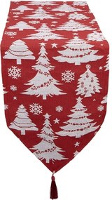 Bílo-červený látkový běhoun s vánočními stromky a střapci - 33*180 cm