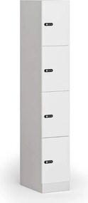 Šatní skříňka S1 s úložnými boxy, 4 boxy, 1850 x 300 x 500 mm, demont, mechanický kódový zámek, laminované dveře, bílá