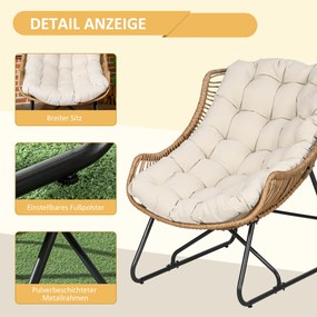 Outsunny Zahradní lehátko, ratanový vzhled, venkovní křeslo, s polštářem, kovový rám, 75x101x90 cm, přírodní/khaki/černá barva