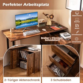 Costway Stůl ve tvaru L s kartotékou a zásuvkou 138 cm Oboustranný rohový