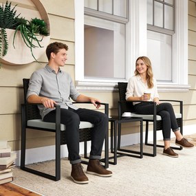 Ratanový bistro set, 3dílná sada zahradního nábytku se 2 zahradními židlemi, konferenčním stolkem, odnímatelnými polštáři krémově bílá