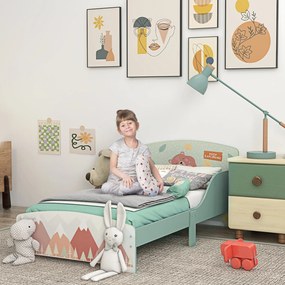 Dětská postel ZONEKIZ dřevěná 143x77x60 cm pro děti 3-6 let s ochrannými zábranami a potiskem, max. nosnost 40 kg, moderní zelený nábytek do dětského…