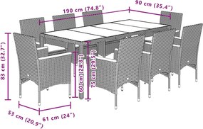 9dílný zahradní jídelní set s poduškami šedý polyratan a sklo 3278656