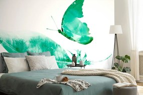 Samolepící tapeta pírko s motýlem v zeleném provedení - 150x100 cm