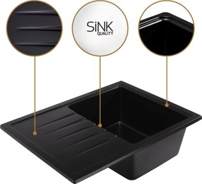 Sink Quality Titanite, kuchyňský granitový dřez 680x495x215 mm + černý sifon, bílá, SKQ-TIT.W.1KKO.XB