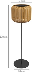 Ratanové venkovní světlo, solární zahradní lampa, automatické zapínání, LED, odolné proti povětrnostním vlivům, kovový rám, Ø34 x 130 cm, černá/žlutá