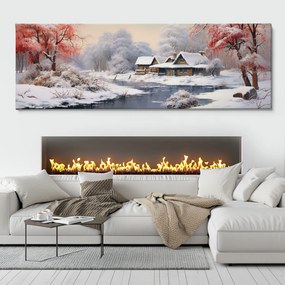 Obraz na plátně - Zimní krajina s chatou u říčky FeelHappy.cz Velikost obrazu: 180 x 60 cm