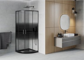 Mexen Rio, čtvrtkruhový sprchový kout s posuvnými dveřmi 90 (dveře) x 90 (dveře) x 190 cm, 5mm čiré sklo s pásky, černý profil + černá sprchová vanička Slim, 863-090-090-70-20-4170B