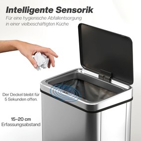 HOMCOM Senzorový odpadkový koš 50 l nerezová ocel Automatický odpadkový koš s víkem s měkkým zavíráním Senzor pohybu 35,5 x 26 x 67 cm Stříbrná barva