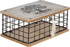 Dřevěno-kovový úložný box se stromem a střapcem - 25*17*11 cm