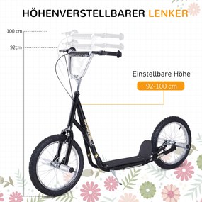 HOMCOM dětská koloběžka s pneumatikami odrážecí koloběžka koloběžka městská koloběžka pro děti kickboard 16 palců od 5 let výškově nastavitelná černá…