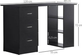 HOMCOM Stůl s úložným prostorem, Počítačový stůl 120 x 50 cm, Počítačový stůl se policemi a šuplíky, pro malé prostory, Ložnice, Černý