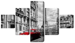Vícedílný obraz Červené Auto V Retro Stylu Na Pozadí Eiffelovy Věže Nedostatek Nedostatek Plátno Canvas 150x90