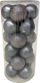 Sada vánočních ozdob šedá 8 cm plastové koule, 12× matná, 12× glitter, balení 24 baněk
