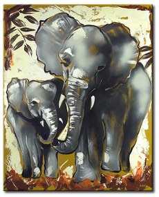 Obraz Zvířata Afriky (1dílný) - slonice s slůňátkem na pozadí přírody