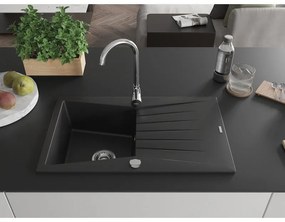Mexen Cesar, 1-komorový granitový dřez s odkapávačem 78x47 cm a kuchyňskou baterií Telma, černá, 6514-77-670200-00