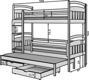 ADRK Furniture Třípatrová postel pro tři osoby s matracemi ADLO 180x80