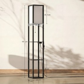 HOMCOM LED stojací lampa s policemi, stmívatelná, řetězový vypínač a zásuvky, černá