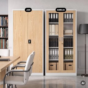 Kovová skříň s vitrínou bílá, dub sonoma, 900x1850x400 mm: AMELIA Eco Design