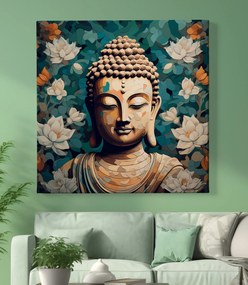 Obraz na plátně - Buddhova hlava a pozadí s květy FeelHappy.cz Velikost obrazu: 120 x 120 cm