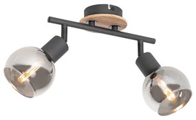 Stropní lampa černá s kouřovým sklem a dřevem 2-světlo - Vidro