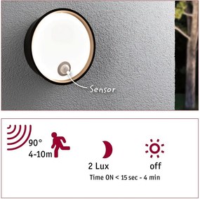 P 94698 LED venkovní nástěnné svítidlo Platomo pohybové čidlo IP44 kruhové 180mm 3000K 14,5W 230V černá umělá hmota - PAULMANN